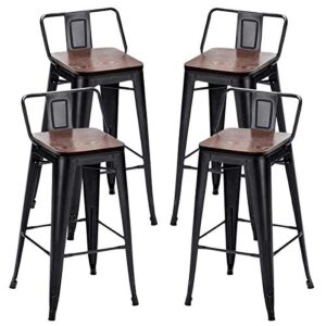 Alunaune 24” Metal Bar Stools Set of 4 Counter Height Barstools Industrial Counter Stool with Wood Top (Low Back,Matte Black)