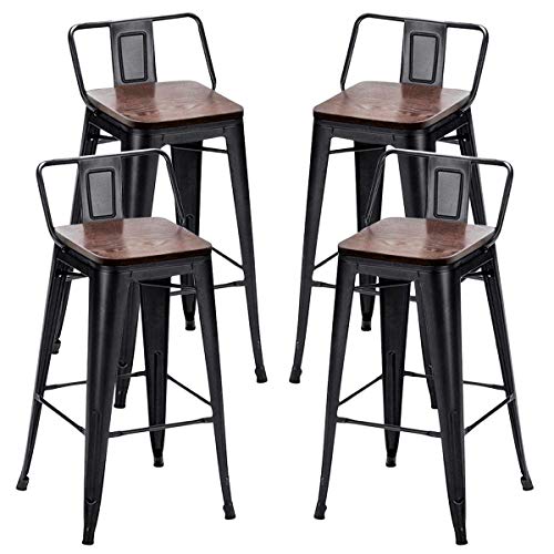 Alunaune 24” Metal Bar Stools Set of 4 Counter Height Barstools Industrial Counter Stool with Wood Top (Low Back,Matte Black)