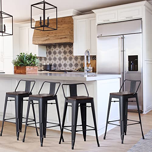 Alunaune 24” Metal Bar Stools Set of 4 Counter Height Barstools Industrial Counter Stool with Wood Top (Low Back,Matte Black)