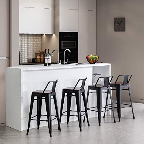 Alunaune 24” Metal Bar Stools Set of 4 Counter Height Barstools Industrial Counter Stool with Wood Top (Low Back,Matte Black)