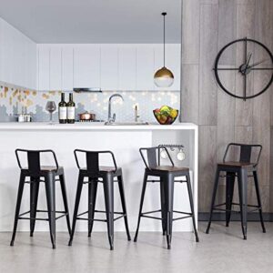 Alunaune 24” Metal Bar Stools Set of 4 Counter Height Barstools Industrial Counter Stool with Wood Top (Low Back,Matte Black)