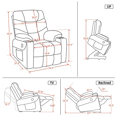 MCombo Electric Power Lift Recliner Chair Sofa for Elderly, 3 Positions, 2 Side Pockets and Cup Holders, USB Ports, Fabric 7286 (Medium Grey)