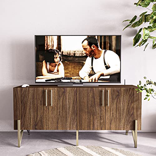 roomfitters 65” Wood TV Stand, 2 Door Media Console, Modern Credenza for Living Room, Mid Century Sideboard Buffet Cabinet, Japandi Entertainment Center with Storage (Walnut, Gold Legs)