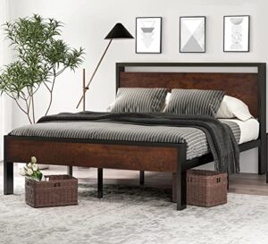 sha cerlin 14 inch queen size metal platform bed frame with wooden headboard and footboard, mattress foundation, no box spring needed, large under bed storage, non-slip without noise, mahogany