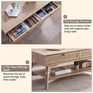 OKD Coffee Table, Mid Century Modern Storage Center Table for Living Room with Natural Rattan Double Sliding Drawers 2-Tier Open Shelf, Easy Assembly, Oak