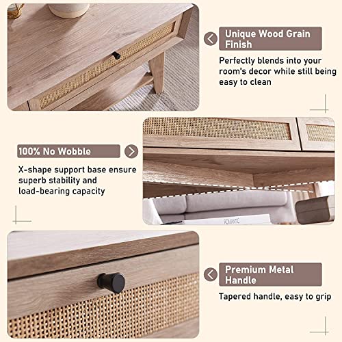 OKD Coffee Table, Mid Century Modern Storage Center Table for Living Room with Natural Rattan Double Sliding Drawers 2-Tier Open Shelf, Easy Assembly, Oak