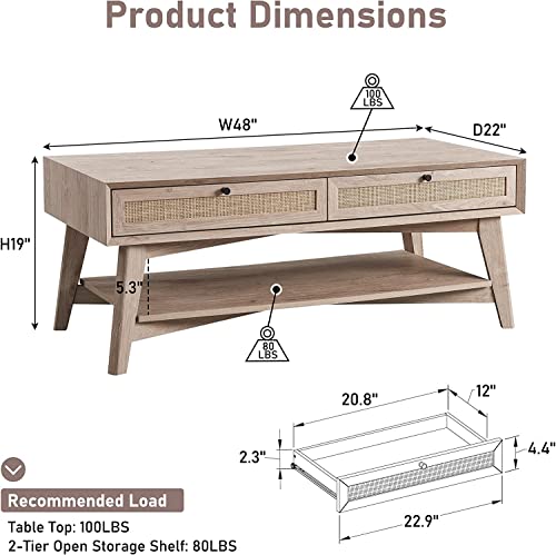 OKD Coffee Table, Mid Century Modern Storage Center Table for Living Room with Natural Rattan Double Sliding Drawers 2-Tier Open Shelf, Easy Assembly, Oak