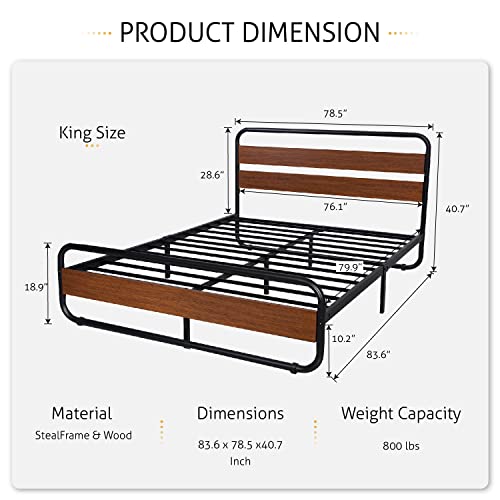 SHA CERLIN King Size Platform Bed Frame with Wooden Headboard and Footboard, Heavy Duty Metal Bed Frame with 10" Under-Bed Storage, Noise-Free, No Box Spring Needed, Walnut