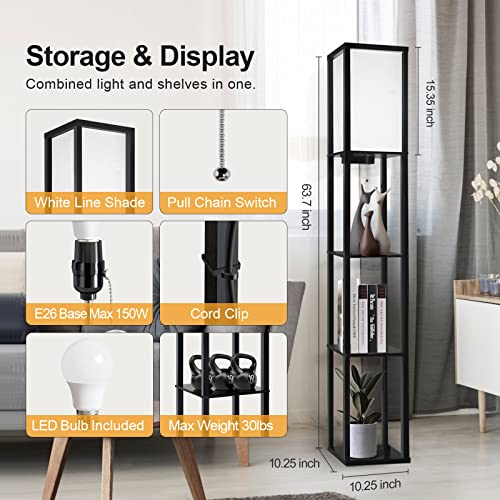 Outon Floor Lamp with Shelves, LED Column Modern Floor Lamp with USB Port & Power Outlet, Memory Function, Wood Standing Lamp with White Linen Texture Shade for Living Room, Bedroom, Office (Black)