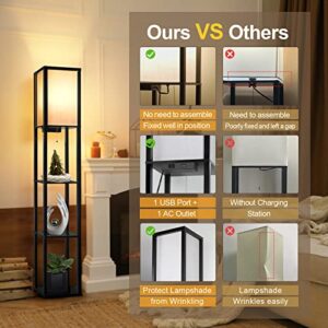 Outon Floor Lamp with Shelves, LED Column Modern Floor Lamp with USB Port & Power Outlet, Memory Function, Wood Standing Lamp with White Linen Texture Shade for Living Room, Bedroom, Office (Black)