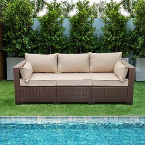 waroom patio couch pe wicker 3-seat outdoor brown rattan sofa deep seating furniture with non-slip beige cushion