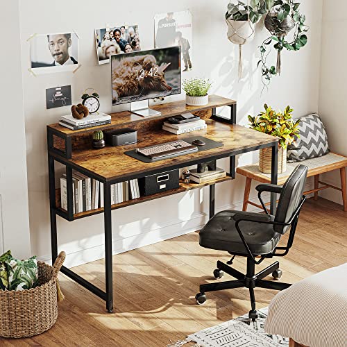 Cubiker Computer Home Office Desk, 47" Small Desk Table with Storage Shelf and Bookshelf, Study Writing Table Modern Simple Style Space Saving Design, Rustic