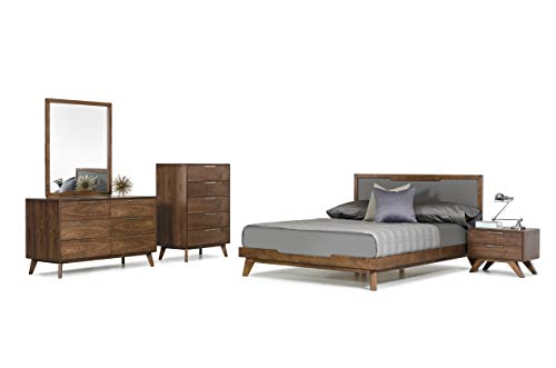 Limari Home Maurice Collection Bedroom Mid-Century Veneer Finished & Fabric Upholstered Bed, California King, Gray, Walnut