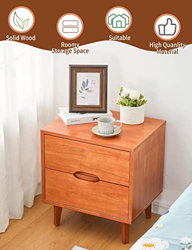 Mid Century Modern Grooved Handle Wood Nightstands Side Table Bedroom Storage Drawer and Shelf Bedside End Table, 2 Drawer (Caramel)