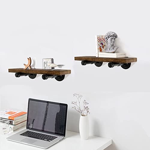 Home TZH Wall Mounted Floating Shelves, Floating Shelves with Industrial Pipe Brackets Set of 2 Rustic Wood Storage Shelf for Bedroom Living Room Bathroom Kitchen Office and More (2, Brown)