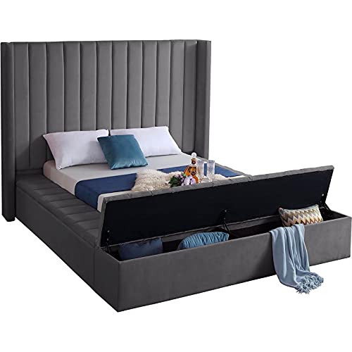 Meridian Furniture Kiki Collection Modern | Contemporary Velvet Upholsterd Bed with Channel Tufting, Siderails and Footboard Storage Compartments, King, Grey