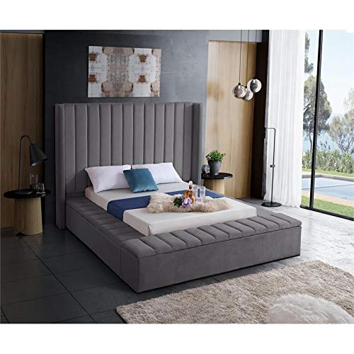 Meridian Furniture Kiki Collection Modern | Contemporary Velvet Upholsterd Bed with Channel Tufting, Siderails and Footboard Storage Compartments, King, Grey