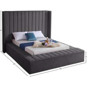 Meridian Furniture Kiki Collection Modern | Contemporary Velvet Upholsterd Bed with Channel Tufting, Siderails and Footboard Storage Compartments, King, Grey