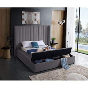 Meridian Furniture Kiki Collection Modern | Contemporary Velvet Upholsterd Bed with Channel Tufting, Siderails and Footboard Storage Compartments, King, Grey