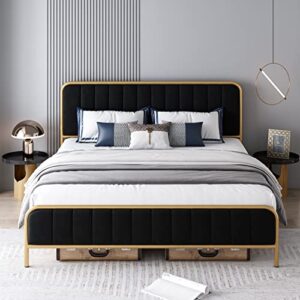 hithos queen size bed frame, upholstered bed frame with button tufted headboard, heavy duty metal mattress foundation with wooden slats, easy assembly, no box spring needed (golden/black, queen)