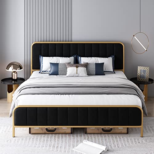 HITHOS Queen Size Bed Frame, Upholstered Bed Frame with Button Tufted Headboard, Heavy Duty Metal Mattress Foundation with Wooden Slats, Easy Assembly, No Box Spring Needed (Golden/Black, Queen)