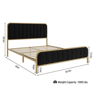 HITHOS Queen Size Bed Frame, Upholstered Bed Frame with Button Tufted Headboard, Heavy Duty Metal Mattress Foundation with Wooden Slats, Easy Assembly, No Box Spring Needed (Golden/Black, Queen)