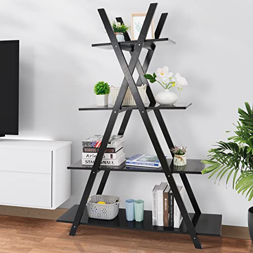 Nouva 4 Tier Ladder Bookshelf Storage Shelves, A Frame Wooden Ladder Open Display Shelves Floor Shlef Storage Furniture for Home Office Living Room Black