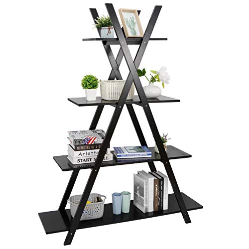 Nouva 4 Tier Ladder Bookshelf Storage Shelves, A Frame Wooden Ladder Open Display Shelves Floor Shlef Storage Furniture for Home Office Living Room Black