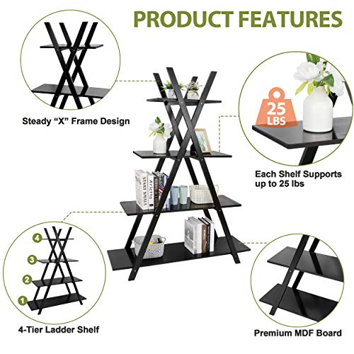 Nouva 4 Tier Ladder Bookshelf Storage Shelves, A Frame Wooden Ladder Open Display Shelves Floor Shlef Storage Furniture for Home Office Living Room Black