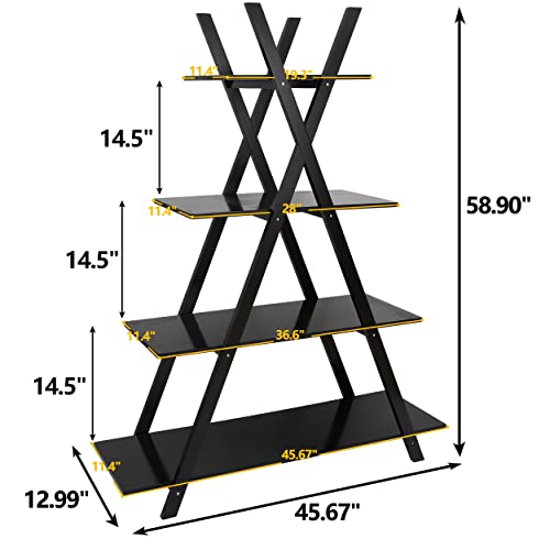 Nouva 4 Tier Ladder Bookshelf Storage Shelves, A Frame Wooden Ladder Open Display Shelves Floor Shlef Storage Furniture for Home Office Living Room Black