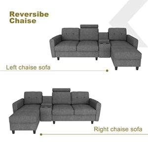 HONBAY Reversible Sectional Sofa Couch Modern Upholstered L Shaped Sofa with Cup Holders & Storage Console, Left or Right Side Chaise Sectional Sofa for Living Room Office, Grey