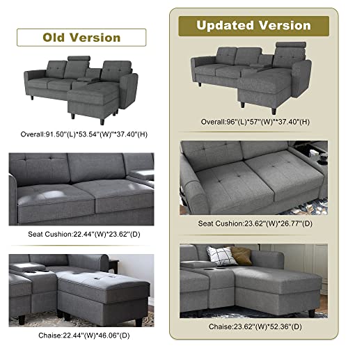 HONBAY Reversible Sectional Sofa Couch Modern Upholstered L Shaped Sofa with Cup Holders & Storage Console, Left or Right Side Chaise Sectional Sofa for Living Room Office, Grey