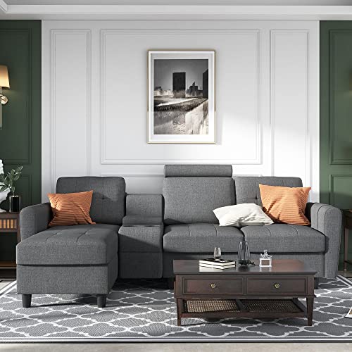 HONBAY Reversible Sectional Sofa Couch Modern Upholstered L Shaped Sofa with Cup Holders & Storage Console, Left or Right Side Chaise Sectional Sofa for Living Room Office, Grey