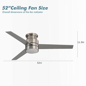 warmiplanet Flush Mount Ceiling Fan with Lights Remote Control, 52-Inch, Brushed Nickel(3-Blades)