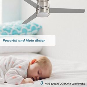 warmiplanet Flush Mount Ceiling Fan with Lights Remote Control, 52-Inch, Brushed Nickel(3-Blades)