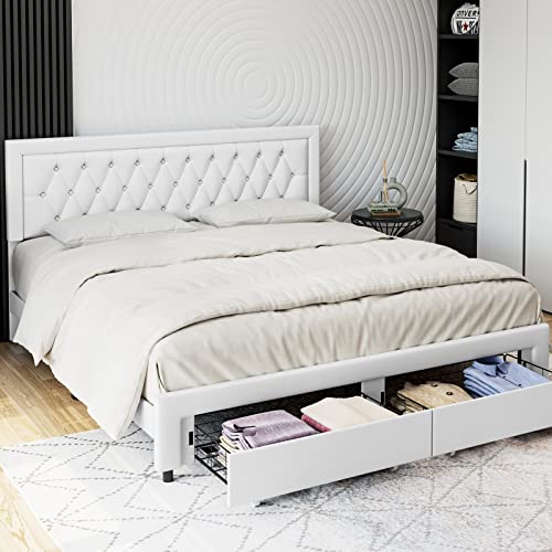 Queen Bed Frame with 2 Storage Drawers, Leather Upholstered Platform Bed Frame with Button Tufted Headboard, Wooden Slats and Adjustable Headboard Mattress Foundation, No Box Spring Needed, White