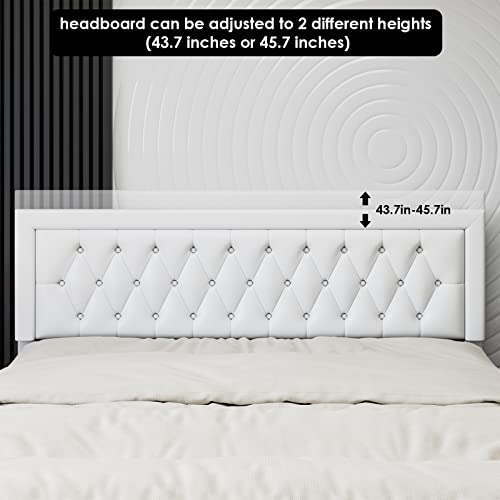 Queen Bed Frame with 2 Storage Drawers, Leather Upholstered Platform Bed Frame with Button Tufted Headboard, Wooden Slats and Adjustable Headboard Mattress Foundation, No Box Spring Needed, White