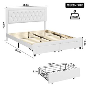 Queen Bed Frame with 2 Storage Drawers, Leather Upholstered Platform Bed Frame with Button Tufted Headboard, Wooden Slats and Adjustable Headboard Mattress Foundation, No Box Spring Needed, White