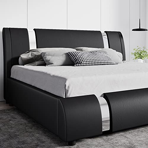 SHA CERLIN Bed Frame Queen Size with Iron Pieces Decor and Adjustable Headboard/Modern Faux Leather Deluxe Upholstered Platform Bed with Solid Wooden Slats Support/No Box Spring Needed, Black