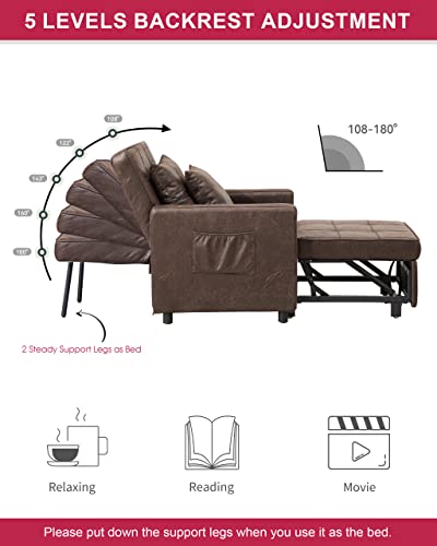 Litbird Convertible Chair Sleeper Bed, Futon Chair Turns Into Bed, Sofa Chair for Living Room, 3 in 1, Imitation Leather, Brown…