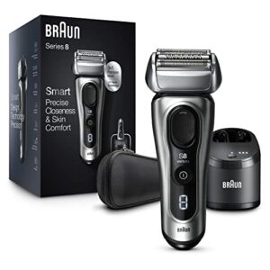 braun electric razor for men, series 8 8467cc electric foil shaver with precision beard trimmer, cleaning & charging smartcare center, galvano silver