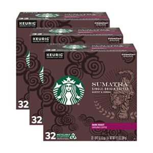 starbucks coffee k-cup pods, sumatra single-origin coffee, dark roast ground coffee, keurig genuine k-cup pods, 32 ct k-cup pods per box (pack of 3)