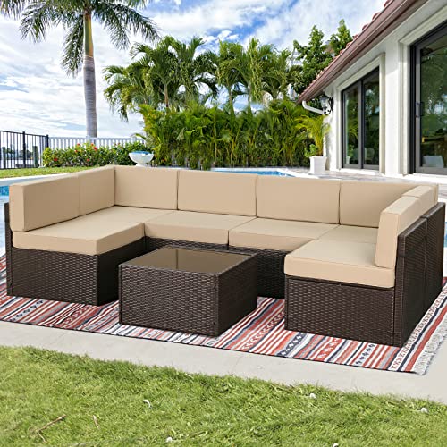 U-MAX 7 Piece Outdoor Patio Furniture Set, PE Rattan Wicker Sofa Set, Outdoor Sectional Furniture Chair Set with Khaki Cushions and Tea Table, Brown