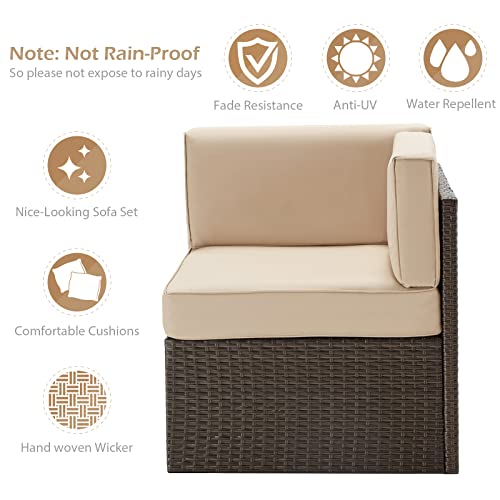 U-MAX 7 Piece Outdoor Patio Furniture Set, PE Rattan Wicker Sofa Set, Outdoor Sectional Furniture Chair Set with Khaki Cushions and Tea Table, Brown