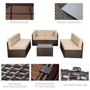 U-MAX 7 Piece Outdoor Patio Furniture Set, PE Rattan Wicker Sofa Set, Outdoor Sectional Furniture Chair Set with Khaki Cushions and Tea Table, Brown