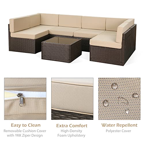 U-MAX 7 Piece Outdoor Patio Furniture Set, PE Rattan Wicker Sofa Set, Outdoor Sectional Furniture Chair Set with Khaki Cushions and Tea Table, Brown