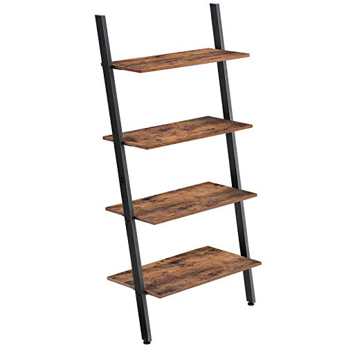 VASAGLE ALINRU Ladder Shelf, 4-Tier Bookshelf, Storage Rack Shelves, for Living Room, Kitchen, Office, Steel, Stable, Sloping, Leaning Against The Wall, Industrial, Rustic Brown and Black ULLS43BX