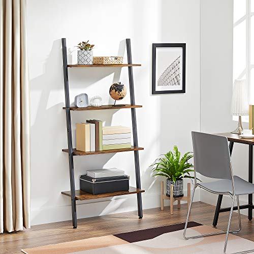 VASAGLE ALINRU Ladder Shelf, 4-Tier Bookshelf, Storage Rack Shelves, for Living Room, Kitchen, Office, Steel, Stable, Sloping, Leaning Against The Wall, Industrial, Rustic Brown and Black ULLS43BX