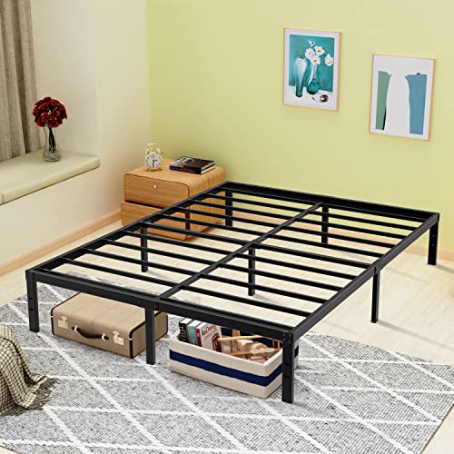 IBEDMAZIE Queen Bed Frame 14 Inches Heavy Duty Platform Metal Bed Frames Queen Size with Storage Space Support 3500lbs Bedframe Non-Slip Noise Free Black Queen-Size Bed Frame No Box Spring Needed