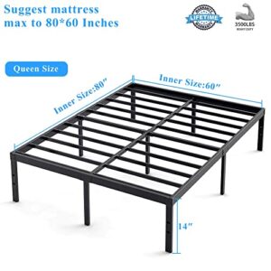 IBEDMAZIE Queen Bed Frame 14 Inches Heavy Duty Platform Metal Bed Frames Queen Size with Storage Space Support 3500lbs Bedframe Non-Slip Noise Free Black Queen-Size Bed Frame No Box Spring Needed